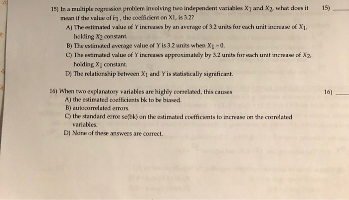 Solved 15) In a multiple regression problem involving two | Chegg.com