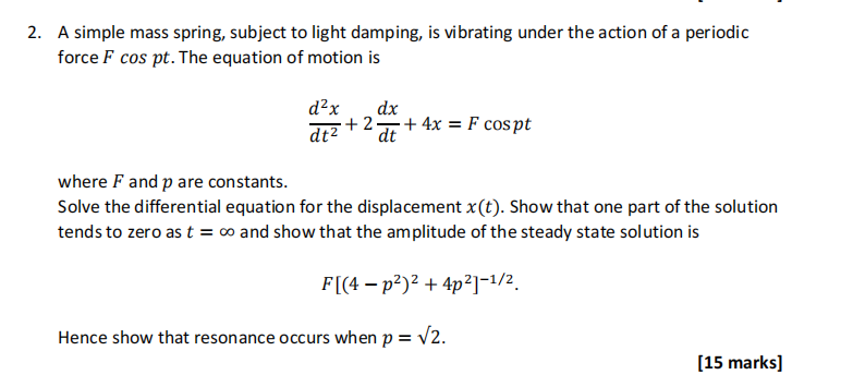 Solved 2. A simple mass spring, subject to light damping, is | Chegg.com
