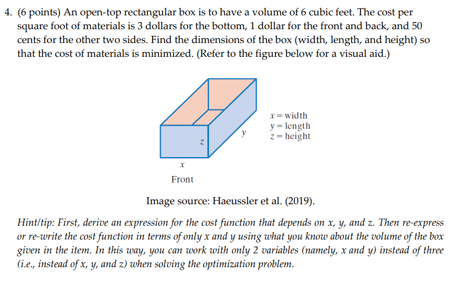 Solved 4. (6 points) An open-top rectangular box is to have | Chegg.com