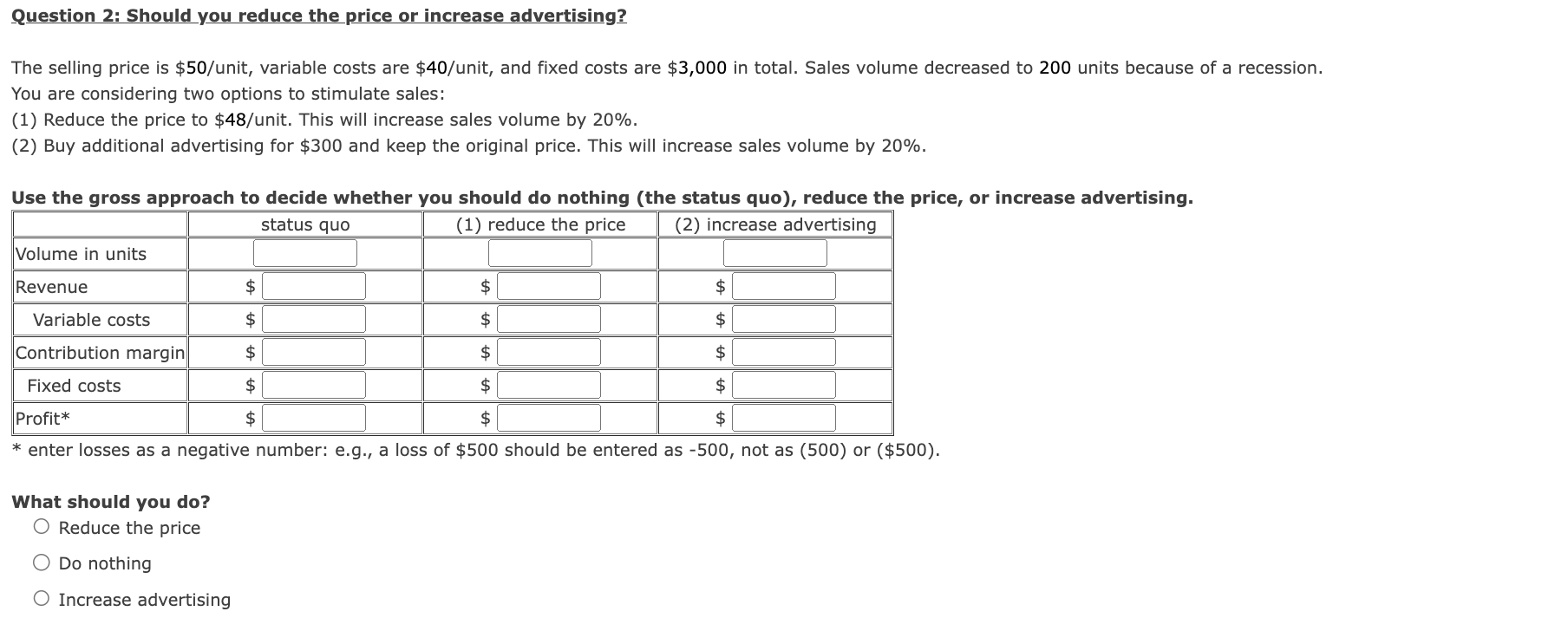 Solved Question 2: Should you reduce the price or increase | Chegg.com