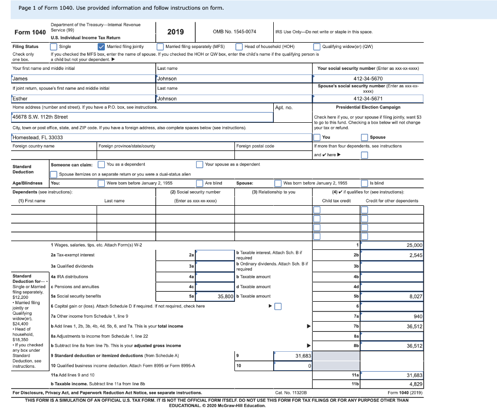 Page 1 of Form 1040. Use provided information and | Chegg.com | Chegg.com