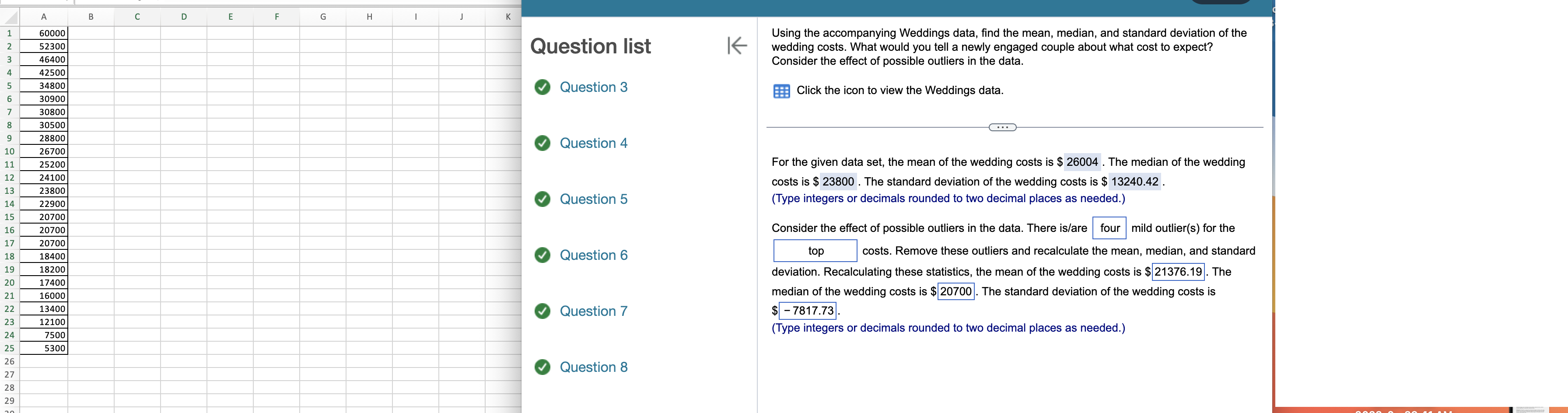 Solved Using the accompanying Weddings data, find the mean, | Chegg.com