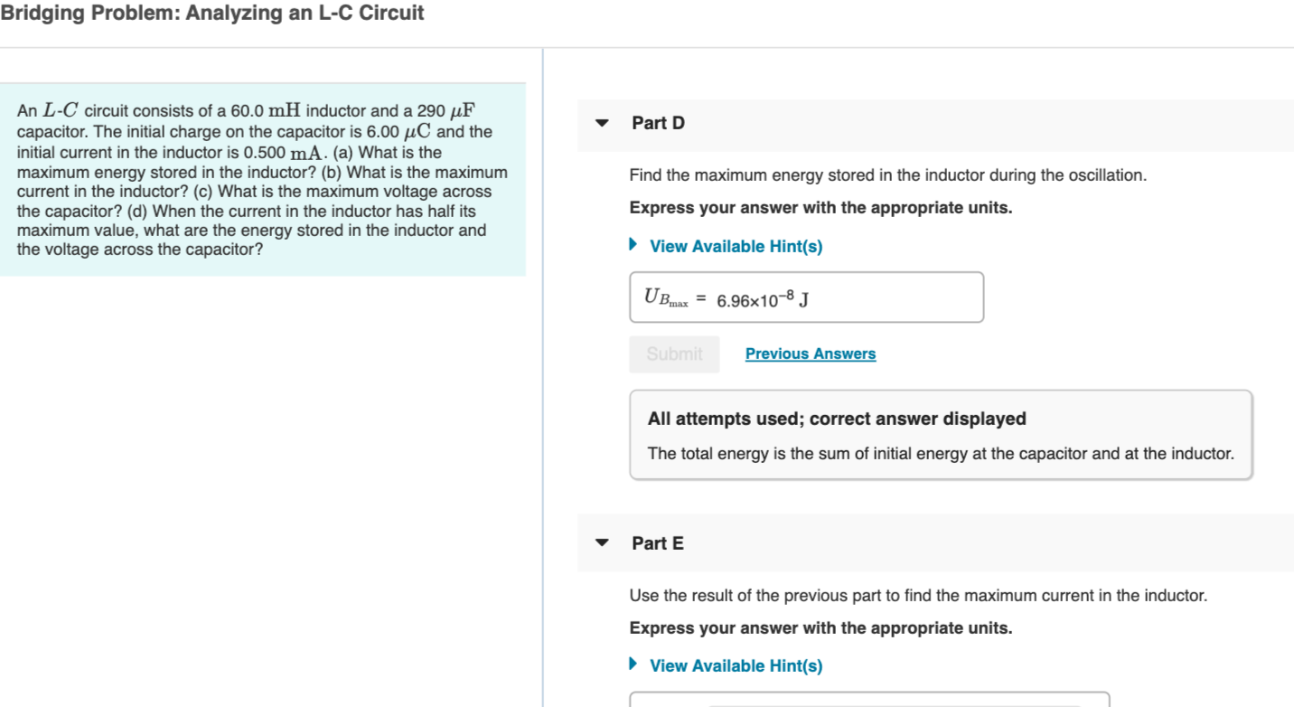 Solved Bridging Problem: Analyzing an L-C Circuit Part D An | Chegg.com