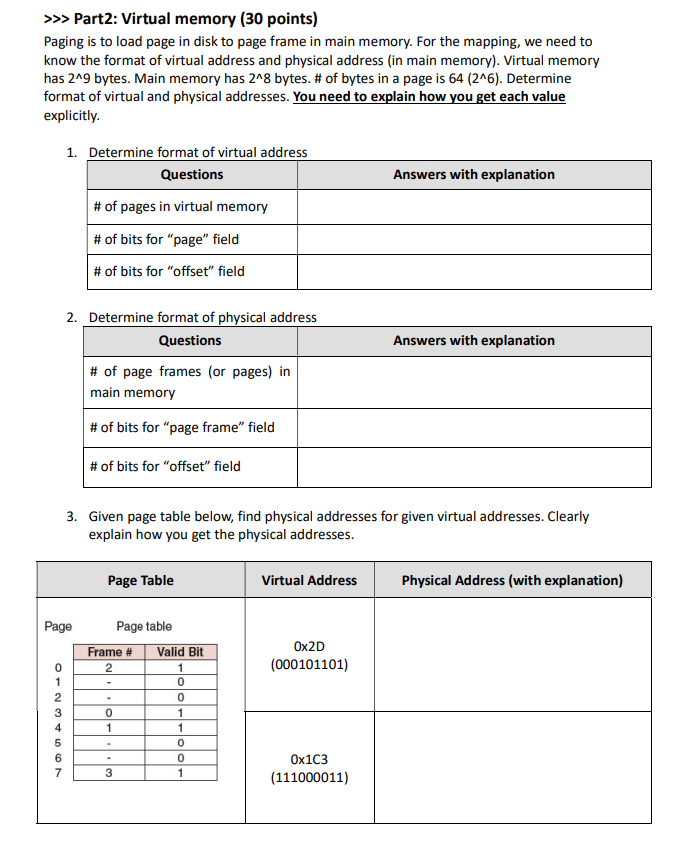 Solved ¡ Part2: Virtual memory ( 30 points) Paging is to | Chegg.com