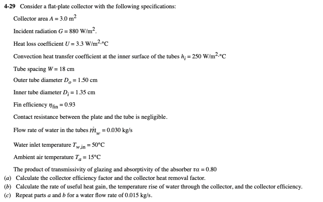 Solved 4-29 Consider a flat-plate collector with the | Chegg.com