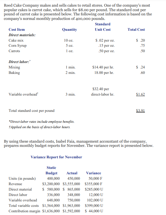 Reed Cake Company makes and sells cakes to retail | Chegg.com