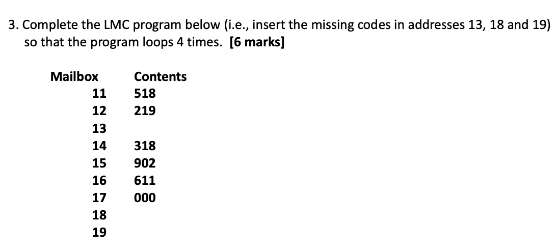 Solved 3 Complete The Lmc Program Below Ie Insert The 