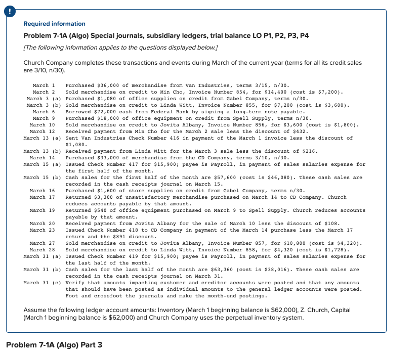 Solved Required information Problem 7-1A (Algo) Special | Chegg.com