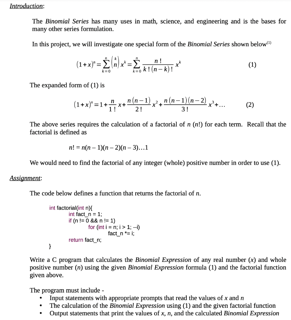Solved Introduction: The Binomial Series has many uses in | Chegg.com