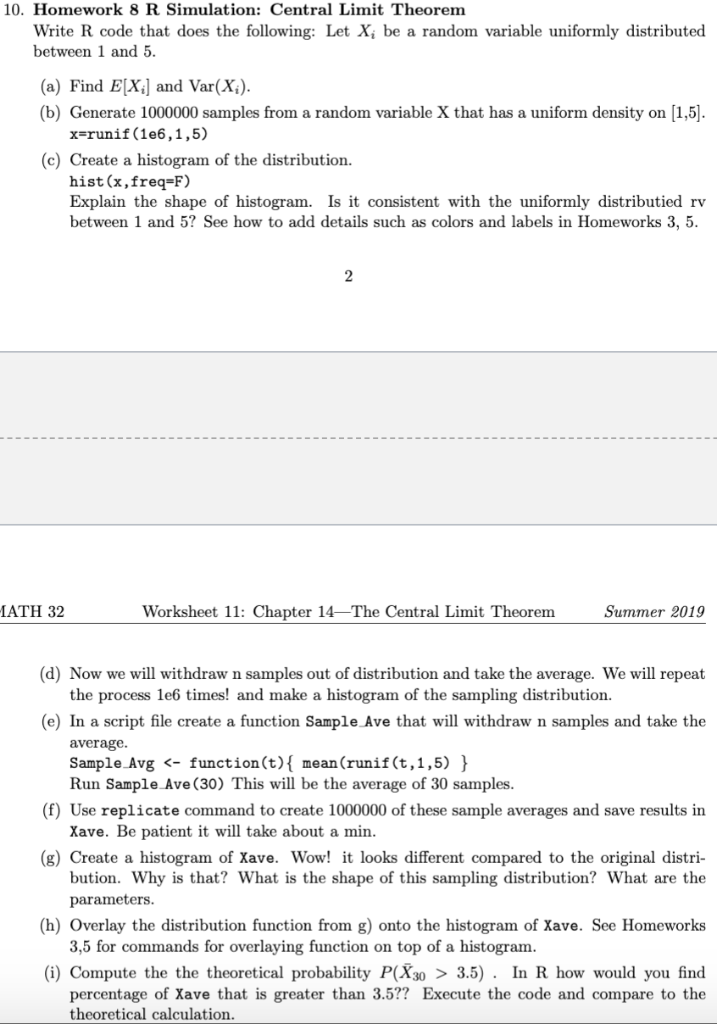 Solved 10 Homework 8 R Simulation Central Limit Theorem
