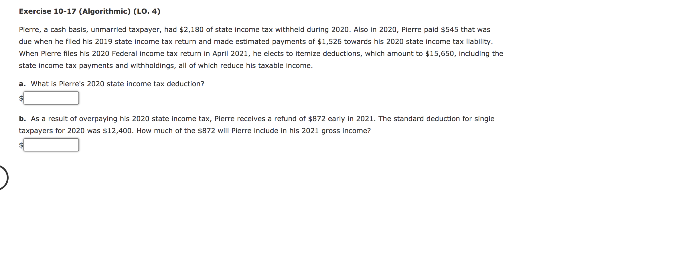 Solved Exercise 10-17 (Algorithmic) (LO. 4) Pierre, a cash | Chegg.com