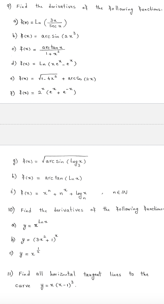 Solved 9) Find the derivatives of the following functions: | Chegg.com