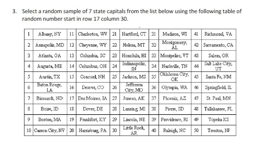 Solved 3. Select a random sample of 7 state capitals from | Chegg.com