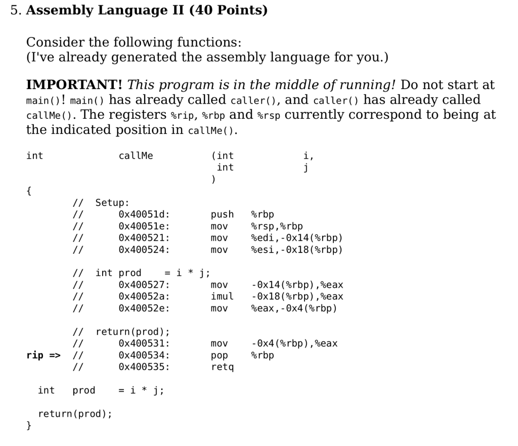 5. Assembly Language II (40 Points) Consider the | Chegg.com