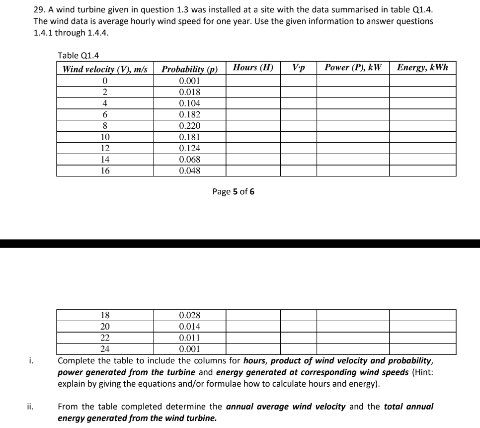 Solved 29. A wind turbine given in question 1.3 was | Chegg.com