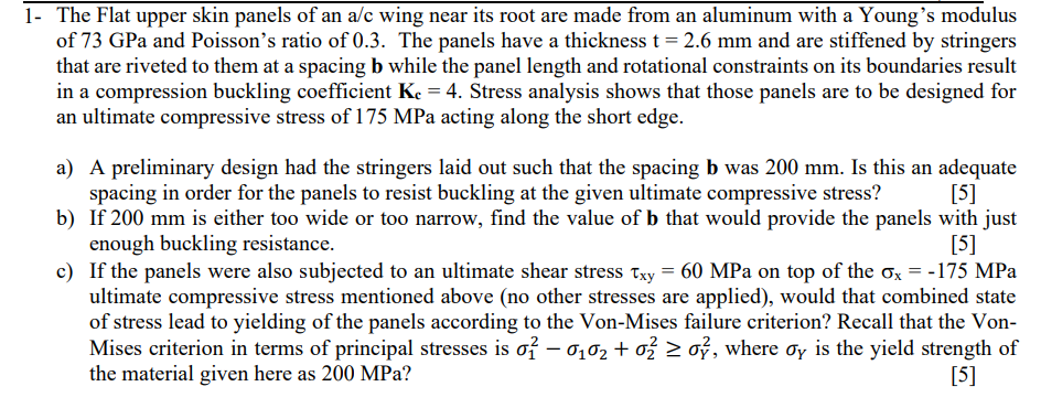 Solved 1- The Flat upper skin panels of an a/c wing near its | Chegg.com