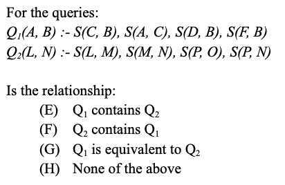 Solved For the queries: Q1(A,B):−S(C,B),S(A,C),S(D,B),S(F,B) | Chegg.com