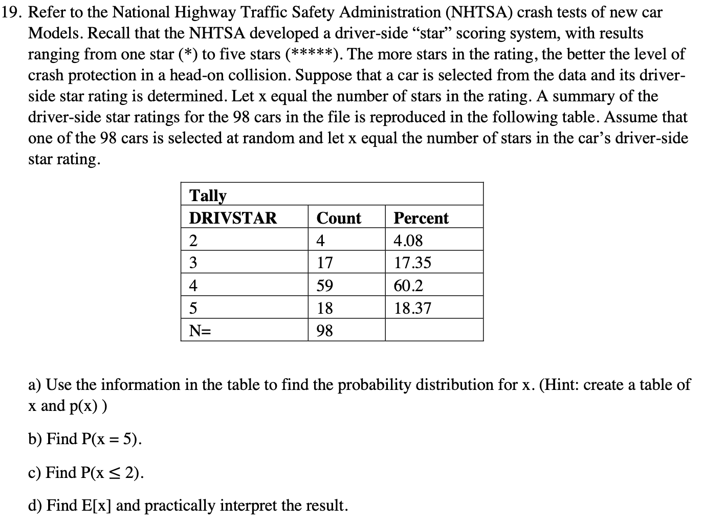 Solved 9. Refer to the National Highway Traffic Safety | Chegg.com