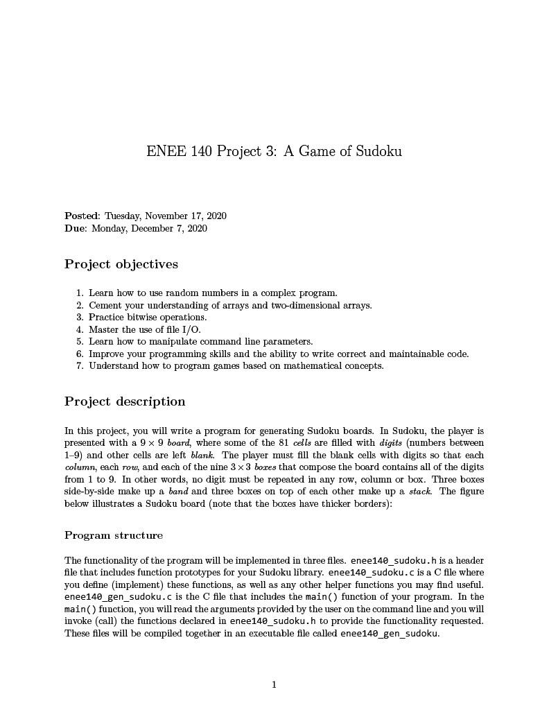ENEE 140 Project 3: A Game of Sudoku Posted: Tuesday, | Chegg.com