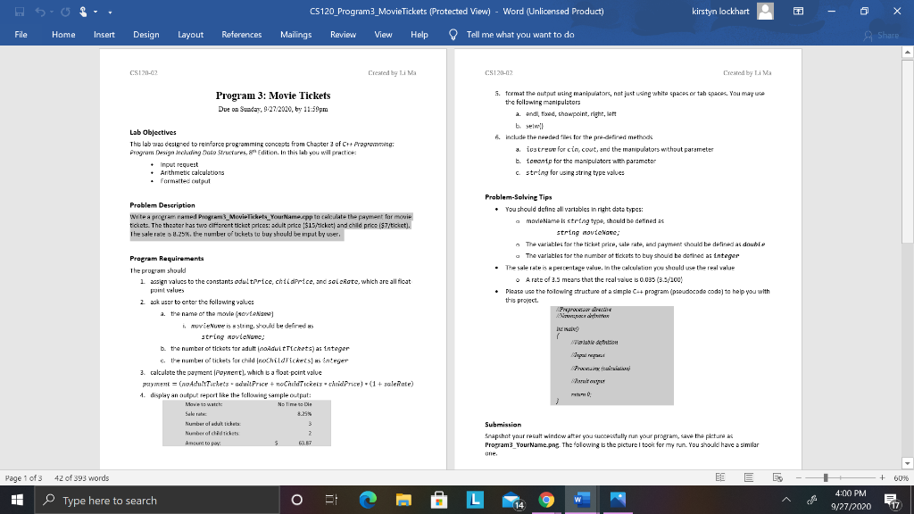 Solved CS120_Program3_MovieTickets (Protected View) - Word | Chegg.com