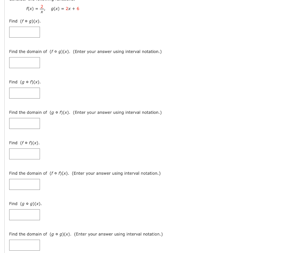 Solved f(x) = g(x) = 2x + 6 Find (fog)(x). Find the domain | Chegg.com