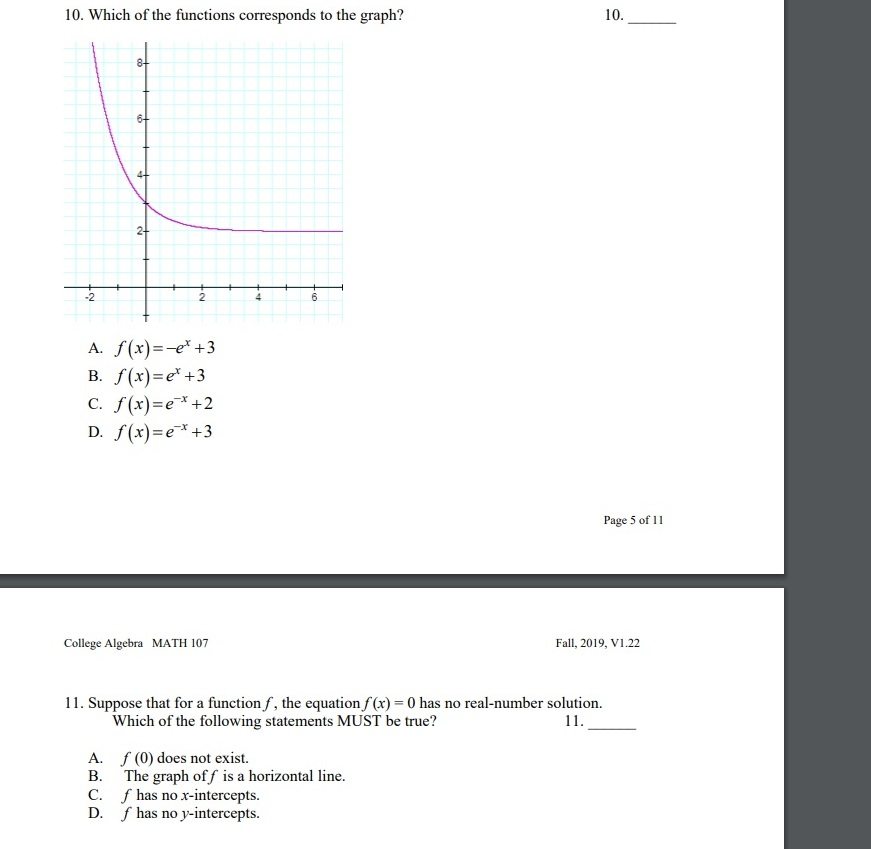 Solved 10. Which of the functions corresponds to the graph? | Chegg.com
