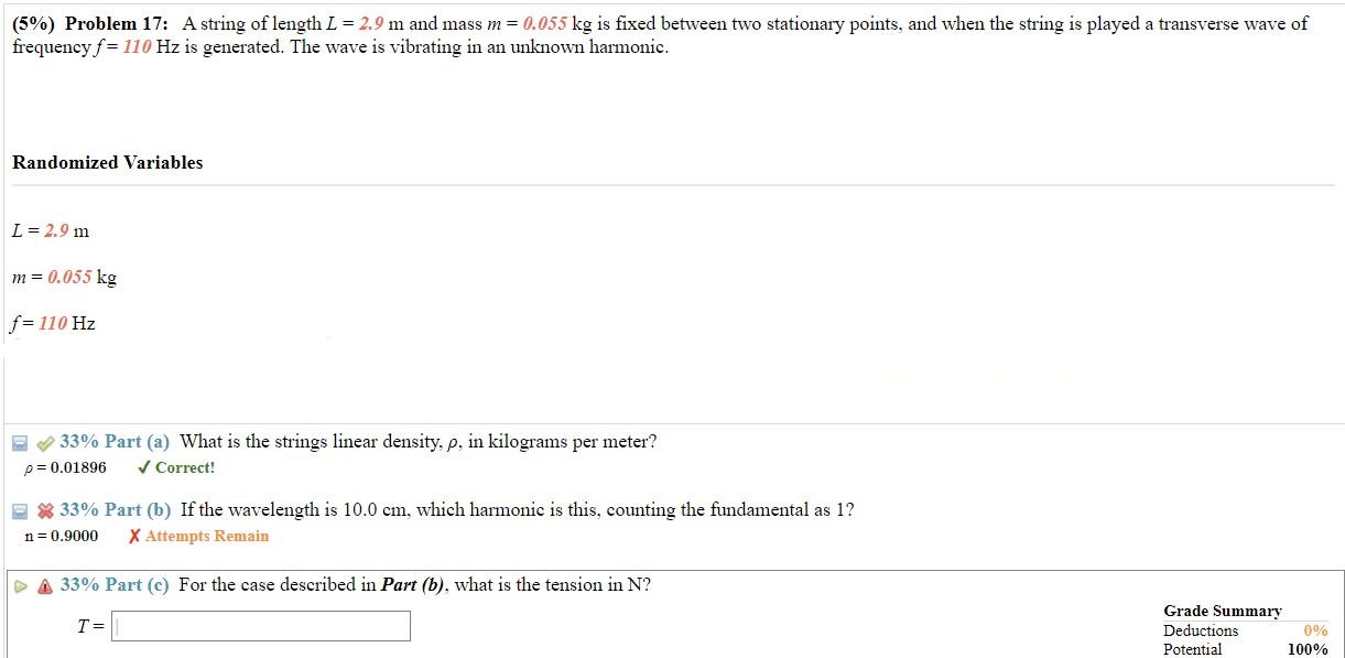 Solved (5\%) Problem 17: A string of length L=2.9 m and mass | Chegg.com