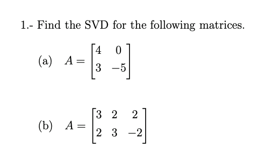 Solved 1.- Find the SVD for the following matrices. 4 0 (a) | Chegg.com
