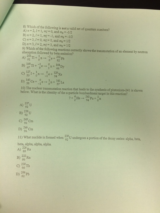 Solved Which of the following is not a valid set of quantum | Chegg.com