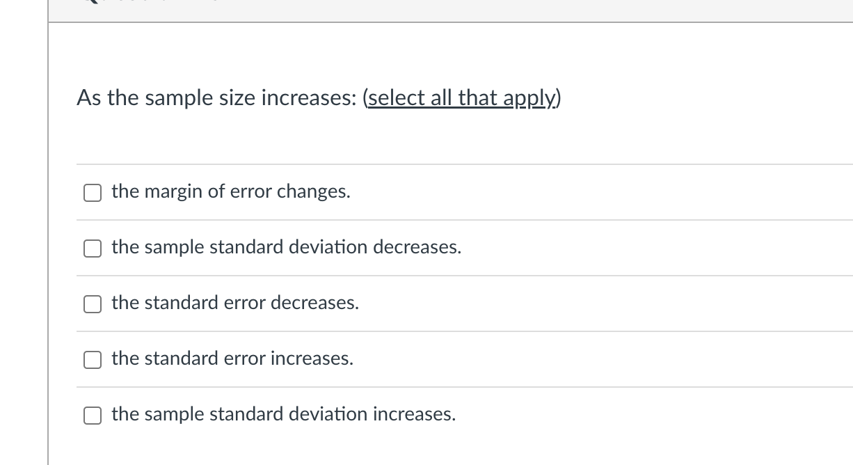 Solved As the sample size increases: (select all that | Chegg.com