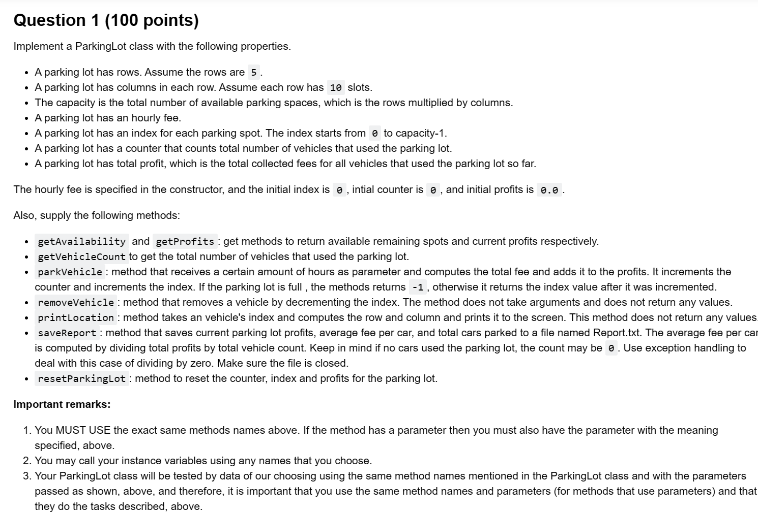 Solved Implement a ParkingLot class with the following | Chegg.com