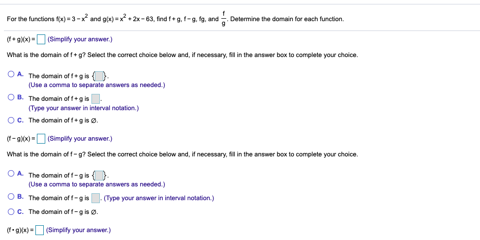 Solved For the functions f(x) = 3 - xand g(x) = x² + 2x-63, | Chegg.com
