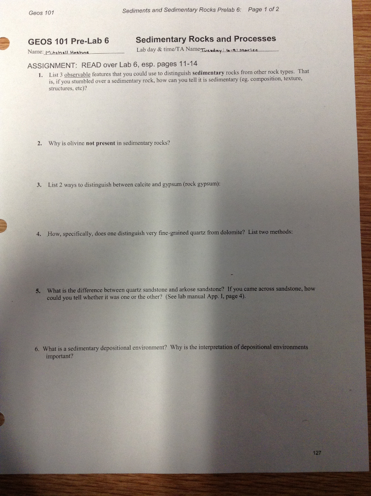 Solved Sediments and Sedimentary Rocks Prelab 6: Page 1 of 2 | Chegg.com
