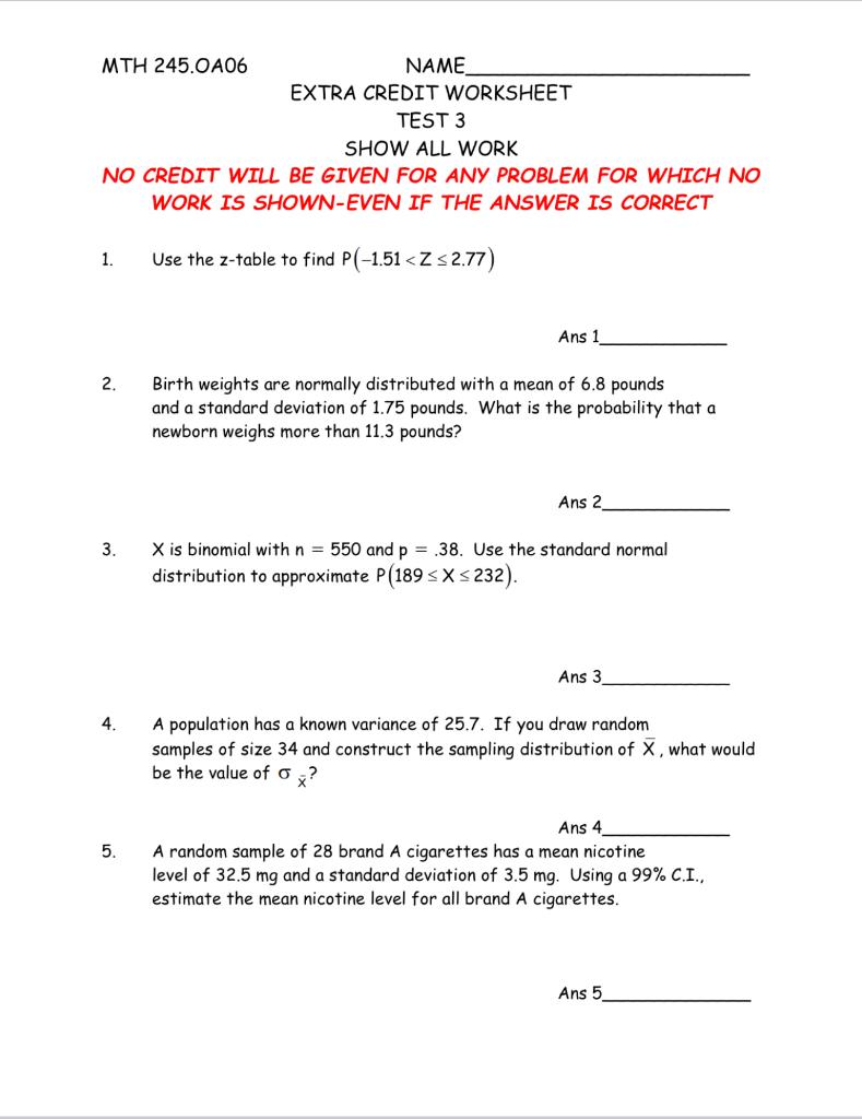Solved MTH 245.0A06 NAME EXTRA CREDIT WORKSHEET TEST 3 SHOW | Chegg.com