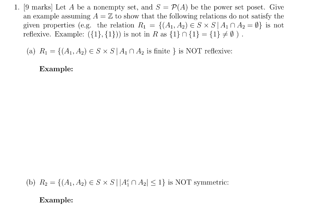 Solved 1. 19 marks Let A be a nonempty set, and S = P(A) be | Chegg.com
