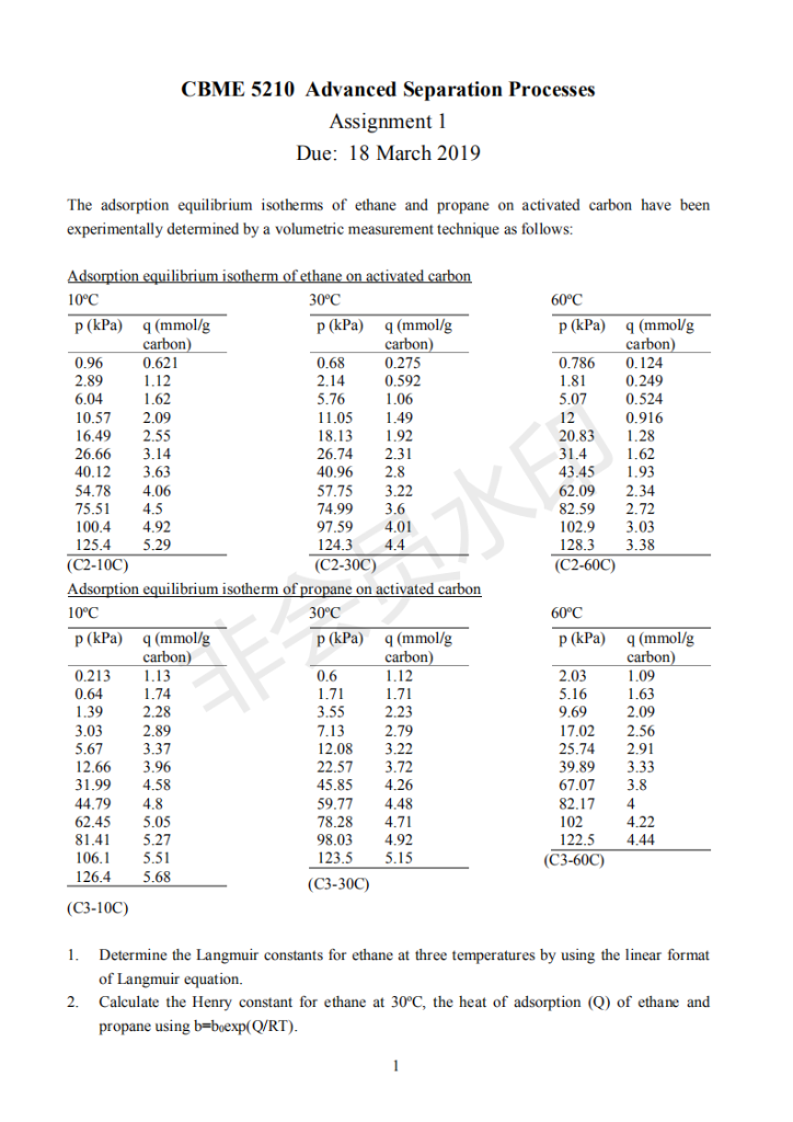 СВМЕ 5210 Advanced Separation Processes Assignment 1 | Chegg.com