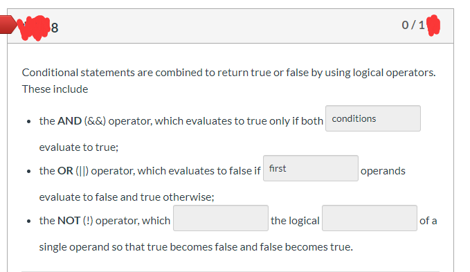 Solved 0/1 Conditional statements are combined to return | Chegg.com