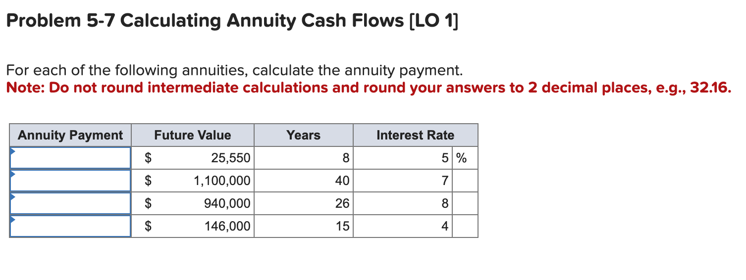 Solved Problem 5-7 Calculating Annuity Cash Flows [LO 1] For | Chegg.com
