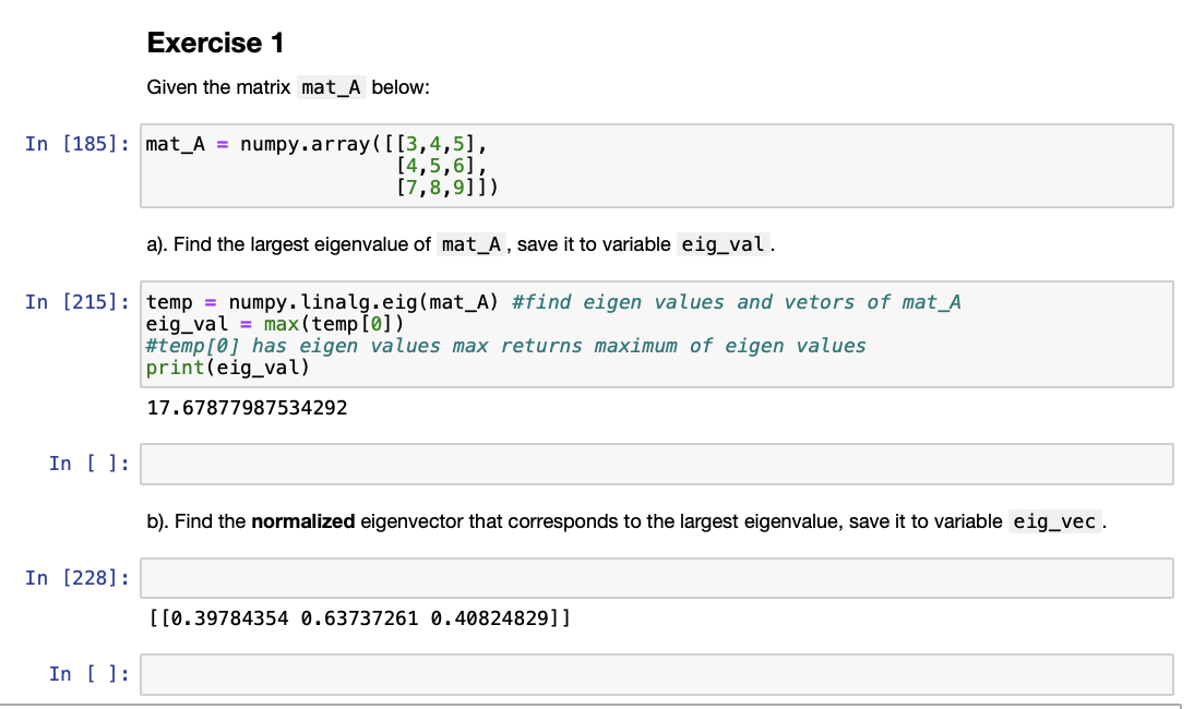 Solved Exercise 1 Given the matrix mat_A below: [185] : a). | Chegg.com