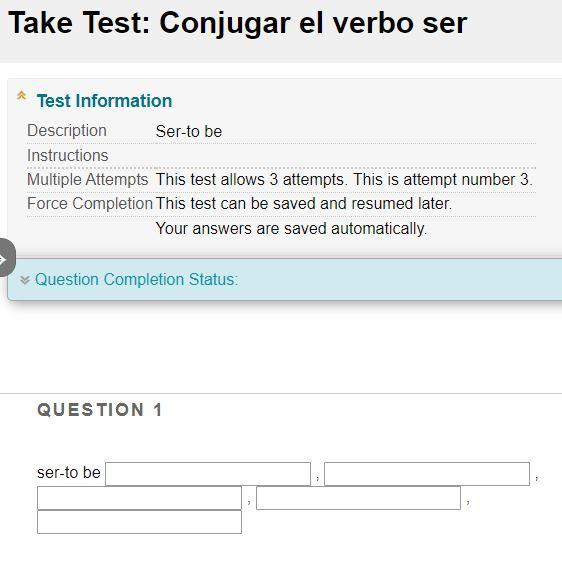 Take Test: Conjugar el verbo ser | Chegg.com