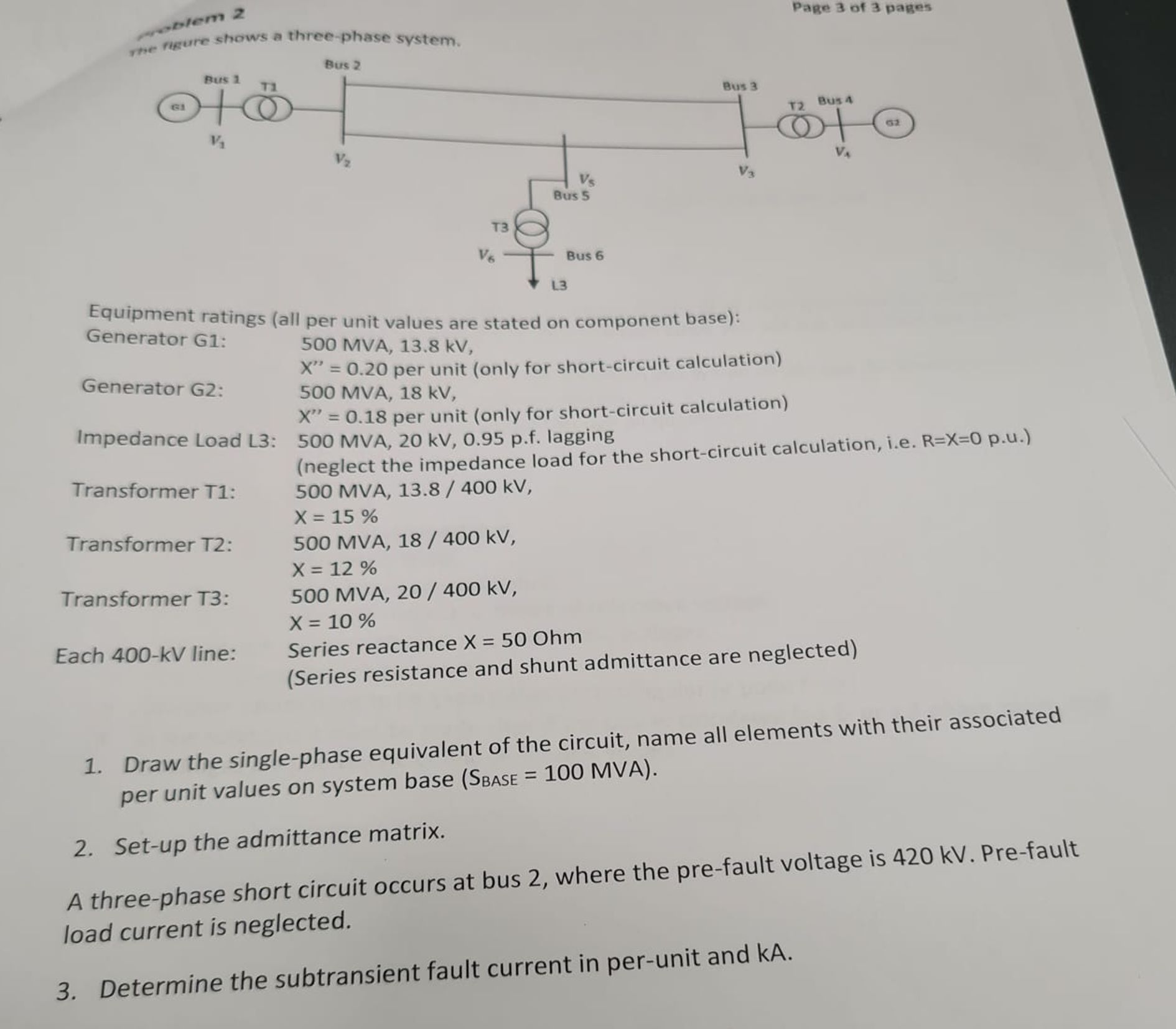 Solved Equipment ratings (all per unit values are stated on | Chegg.com