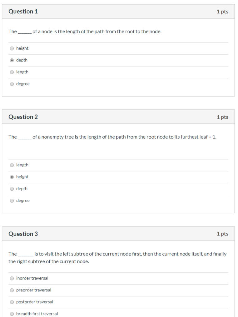 Solved Question 1 1 pts The of a node is the length of the | Chegg.com