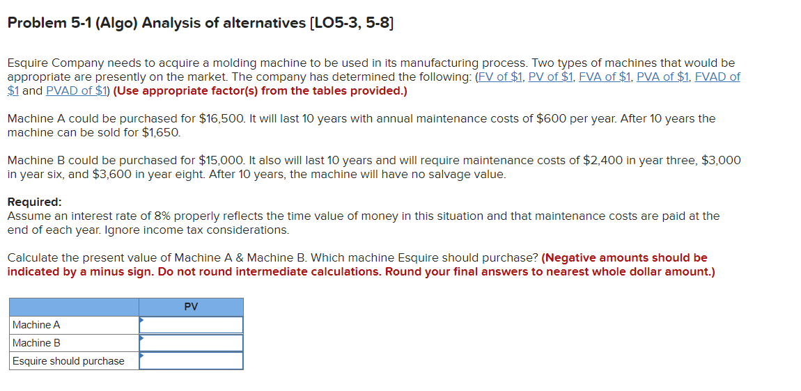 Solved Problem 5-1 (Algo) Analysis of alternatives (LO5-3, | Chegg.com