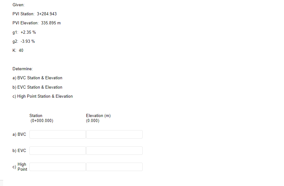 Solved Given: PVI Station: 3+284.943 PVI Elevation: 335.895 | Chegg.com