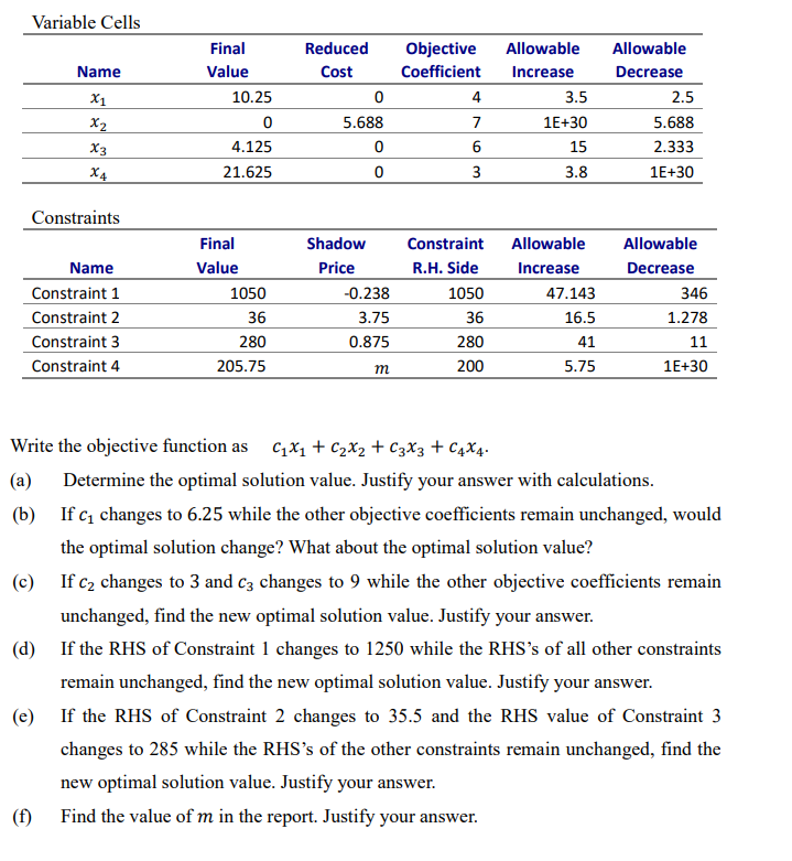 Solved Variable Cells Name Final Value 10.25 0 4.125 21.625 | Chegg.com Solved Variable Cells Name Final Value 10.25 0 4.125 21.625 | Chegg.com
