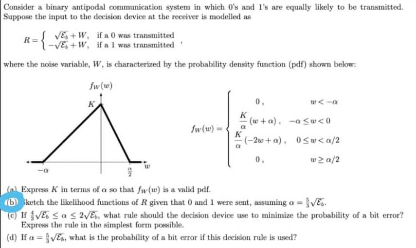 Solved Consider A Binary Antipodal Communication System In 