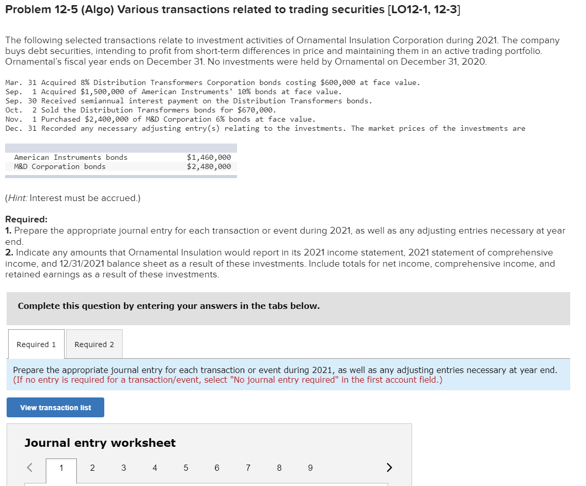 Solved Problem 12-5 (Algo) Various transactions related to | Chegg.com