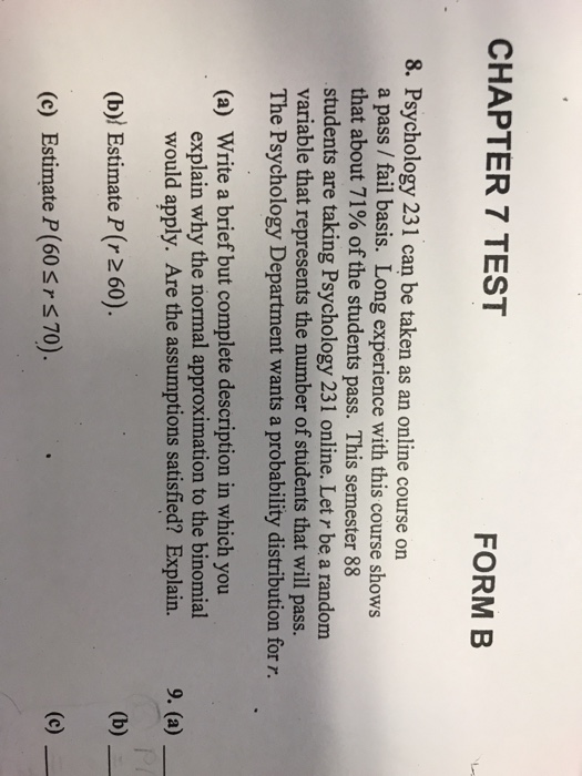 CHAPTER 7 TEST FORM B 8. Psychology 231 can be taken | Chegg.com
