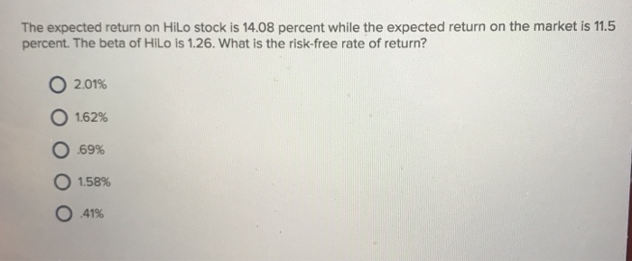 Solved The expected return on HiLo stock is 14.08 percent | Chegg.com