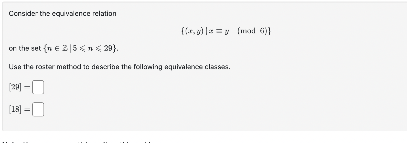 Solved Consider the equivalence relation {(x,y)∣x≡y(mod6)} | Chegg.com